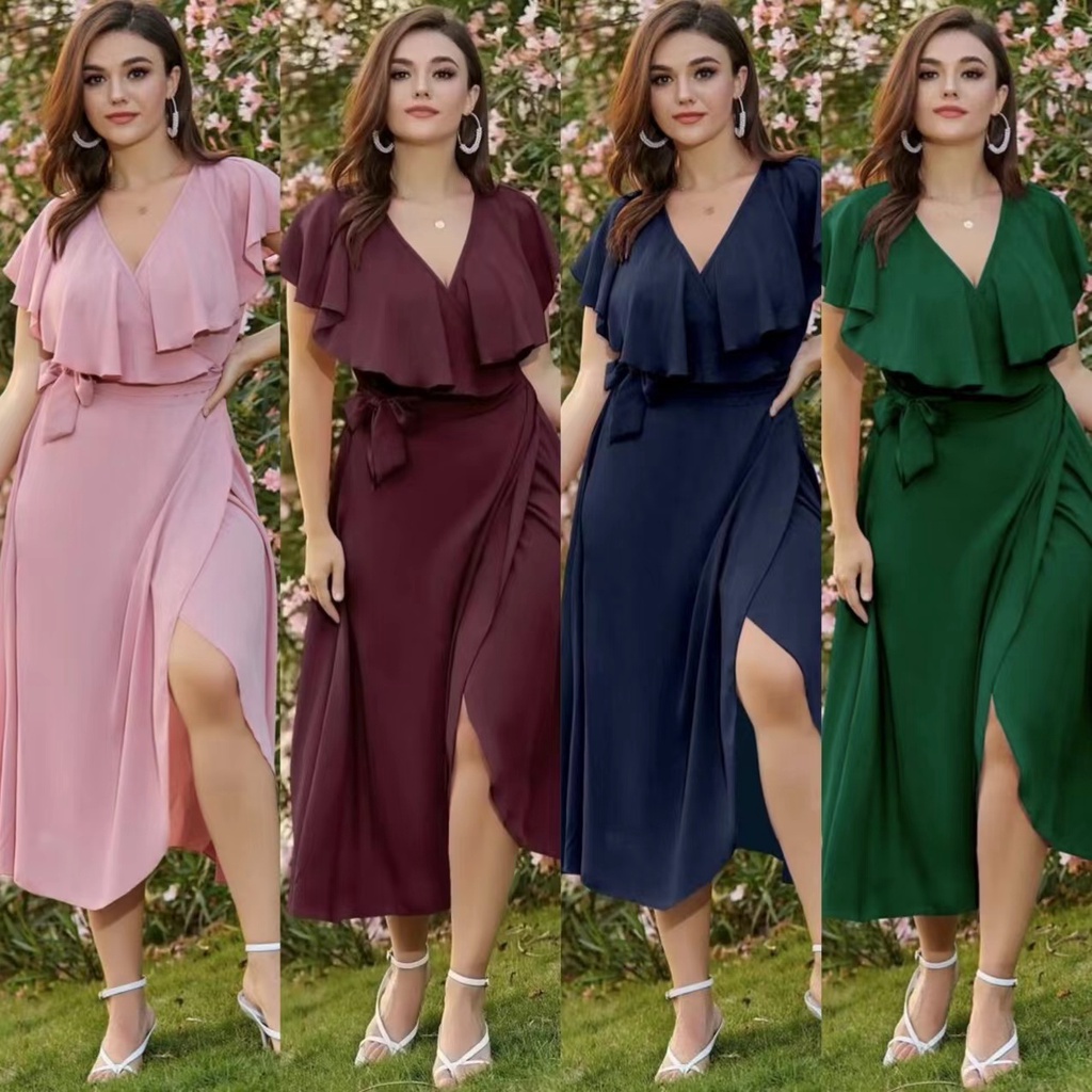 Simplee 2-layer Upper Side Split Self Belt Cape Plus Size Dress A2874 ...