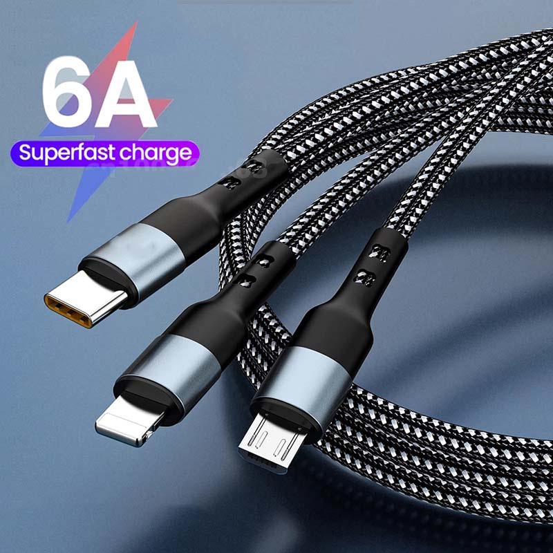 3 in 1 Cable 100W 6A Super Fast Charging Multi USB Port Micro USB Type ...