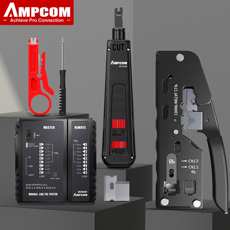 AMPCOM RJ45 Crimper Lan Tester Tool Set Ethernet Cable Stripper Punch ...