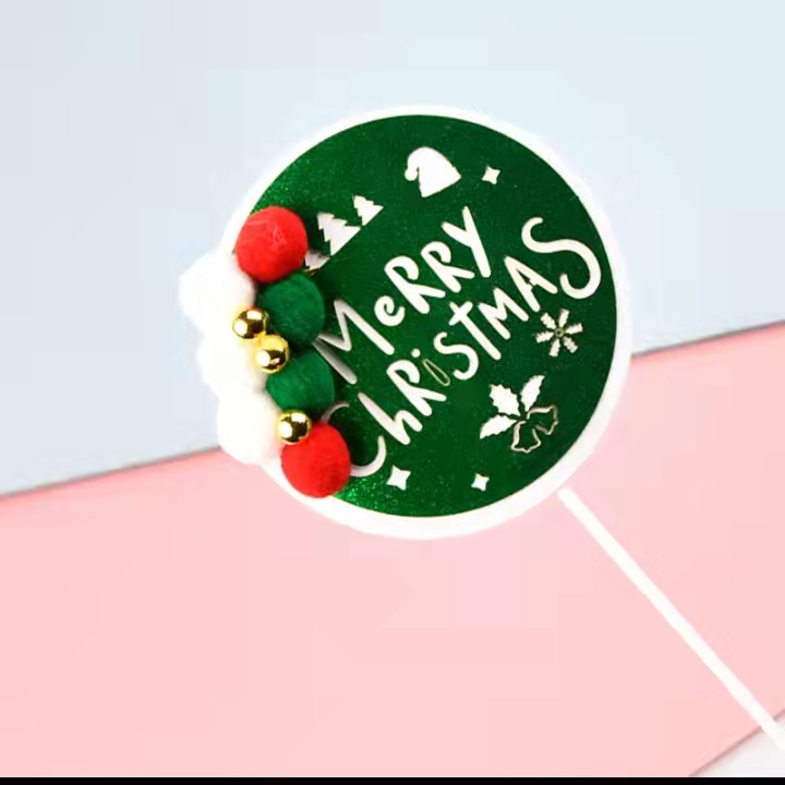 Merry Christmas Theme Pompon Green Circle Paper Card Cake Topper Props