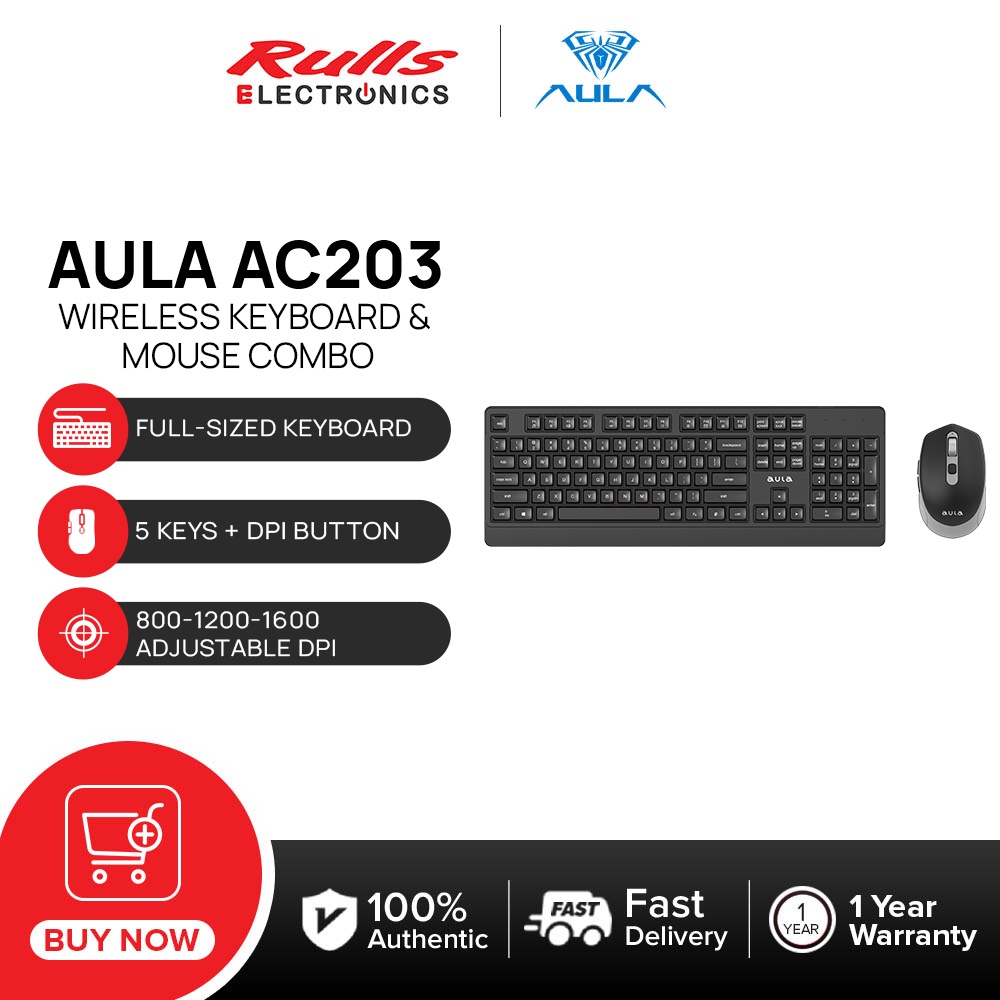 AULA AC203 Wireless Keyboard & Mouse Combo | Full-sized | 10M Wireless Distance | 5 Keys + DPI ...