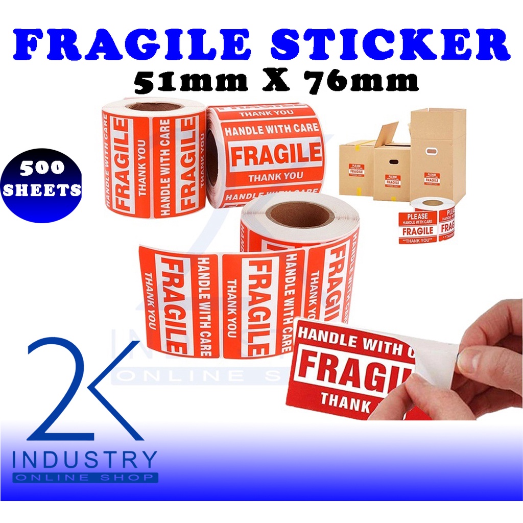 Fragile Sticker 500 Pcs/Roll 76 x 51 mm / 2 x 3 inches SELF ADHESIVE ...