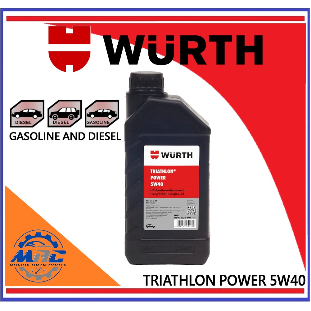 WURTH TRIATHLON POWER SAE 5W-40 HC SYNTHETIC ENGINE OIL 1 Liter ...