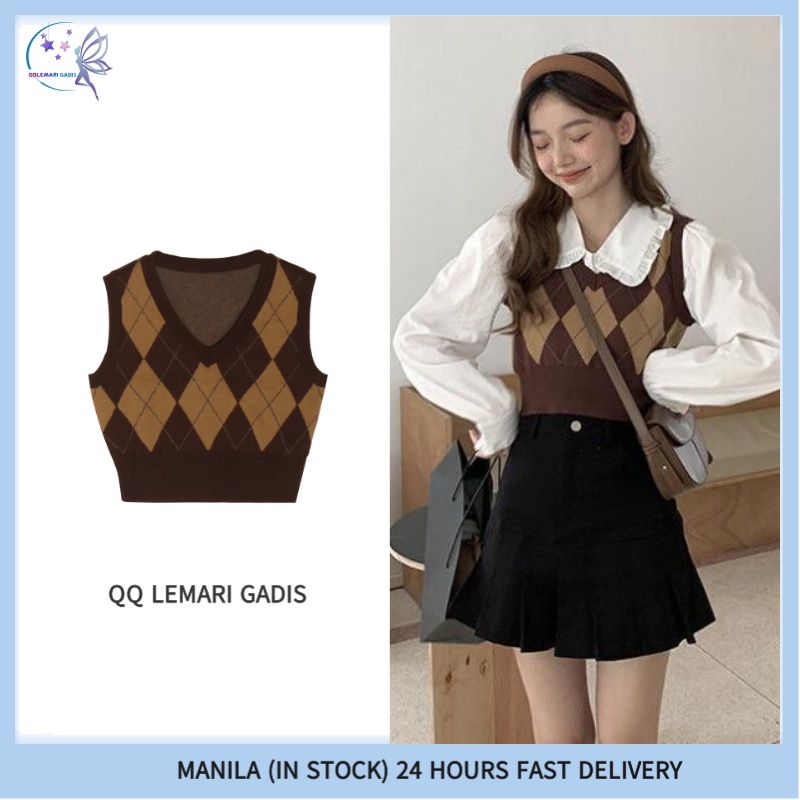 【Ready Stock】V-Neck Knitted Vest Sleeveless Plaid Vintage Style For ...