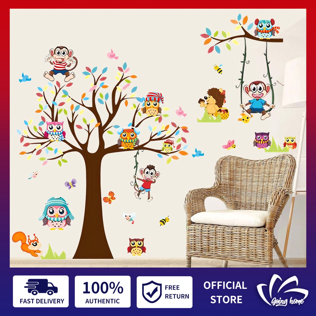 Cartoon Animals Wall Stickers Removable Tree Wall Decals DIY Large Size ...
