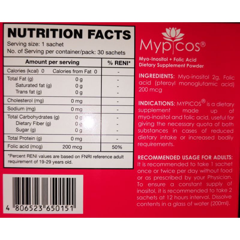 Mypicos ORIGINAL PCOS Myo-inositol w/ Folic Acid Dietary Supplement ...
