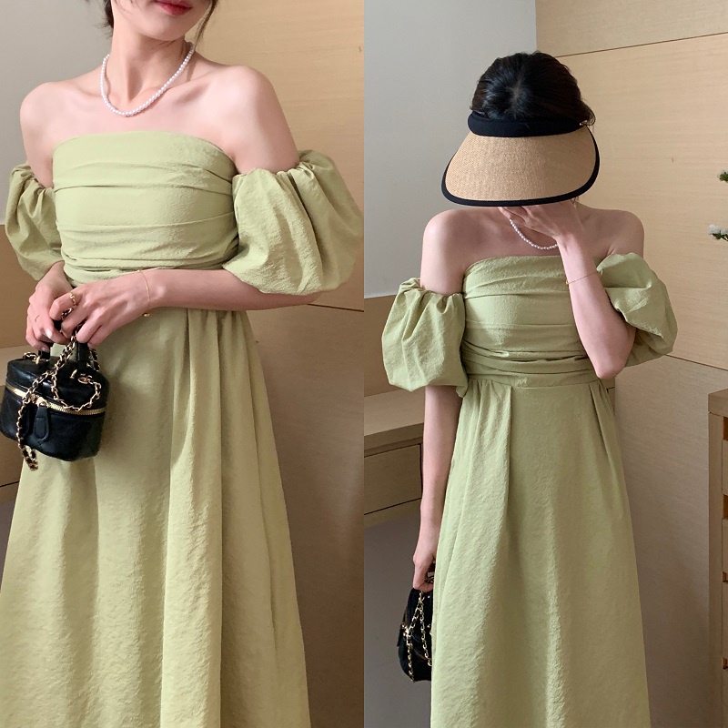 52593 French One-Shoulder Tube Top Pleated Puff Sleeve Dress | Shopee ...
