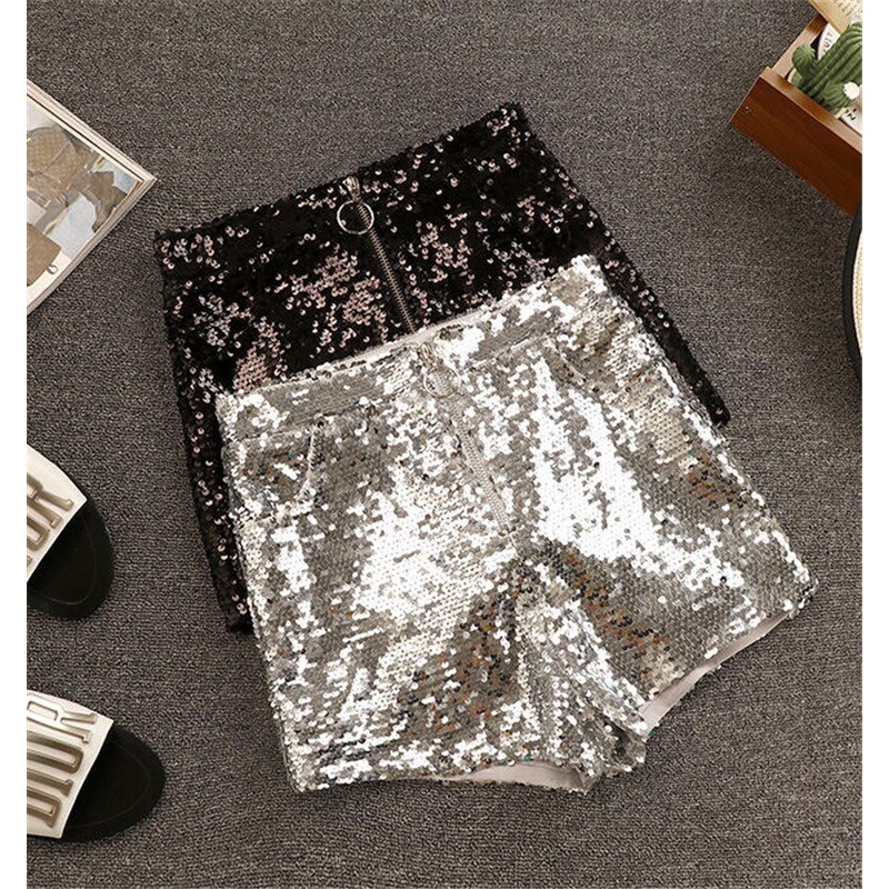 Bling Sexy Women Sequin Shorts High Waist O-Ring Zip Bodycon Shorts ...
