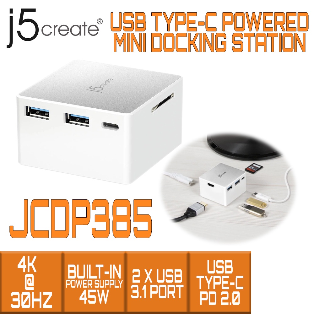 J5CREATE JCDP385 USB TYPE-C POWERED MINI DOCKING STATION 4K@30Hz USB 3. ...