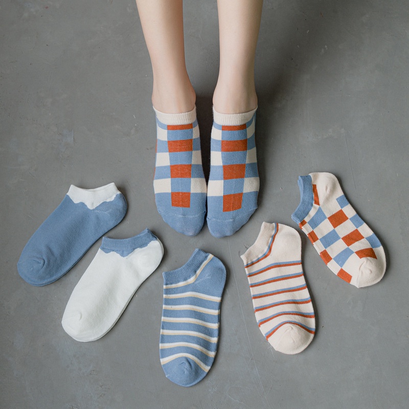 Harajuku Plaid Striped Blue Low Cut Socks Women Cotton Summer Best Cute ...