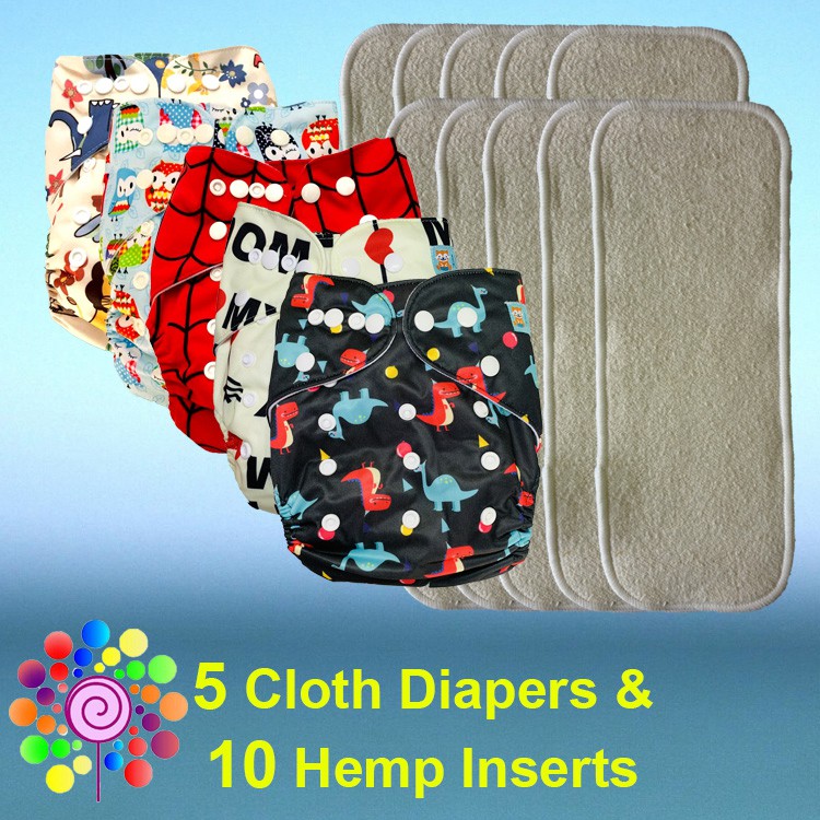 (Alva/Natucare/Naughtybaby) 5pcs cloth diapers with 10pcs hemp inserts ...