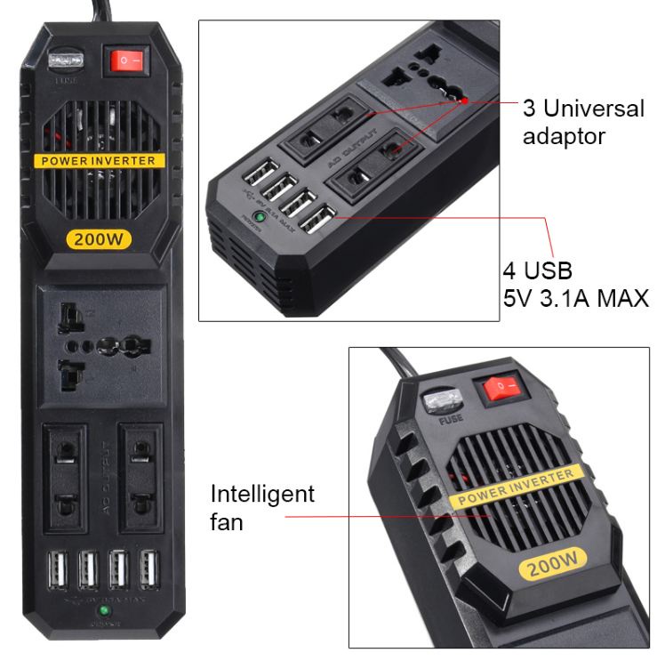 E8981 200W Ac/Dc 12V 220V Car Power Inverter With 4 Usb Charging Ports ...