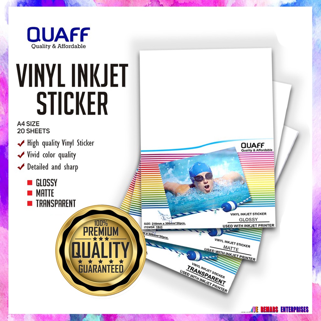 QUAFF Vinyl Inkjet Sticker A4 Size [ Glossy / Matte / Transparent ] 20 ...