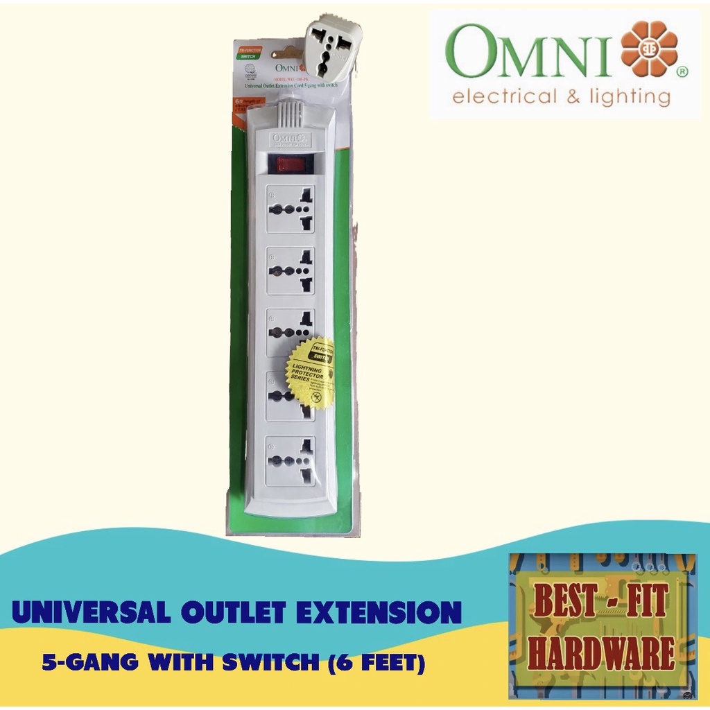 UNIVERSAL OUTLET EXTENSION CORD 10A 5-GANG with GROUNDING & SWITCH ...