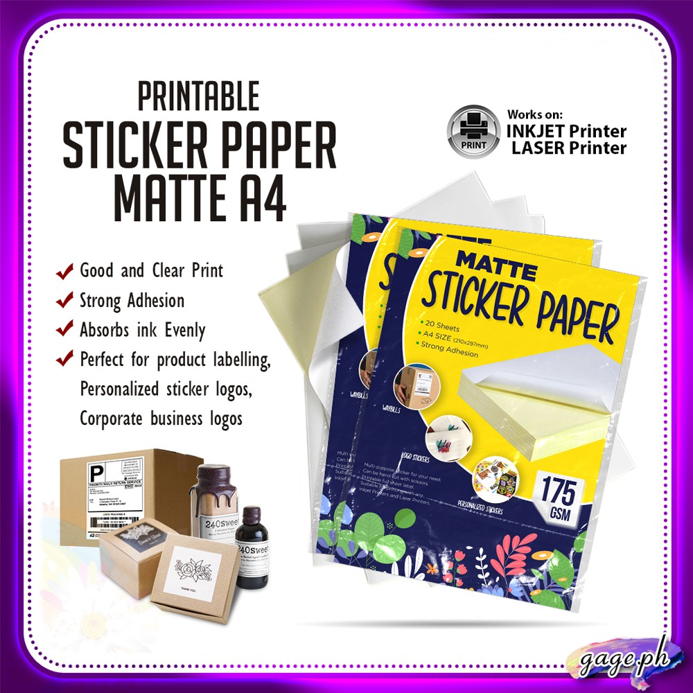 175GSM Inkjet Printable Sticker Paper A4 Size 20sheets (Matte Sticker ...