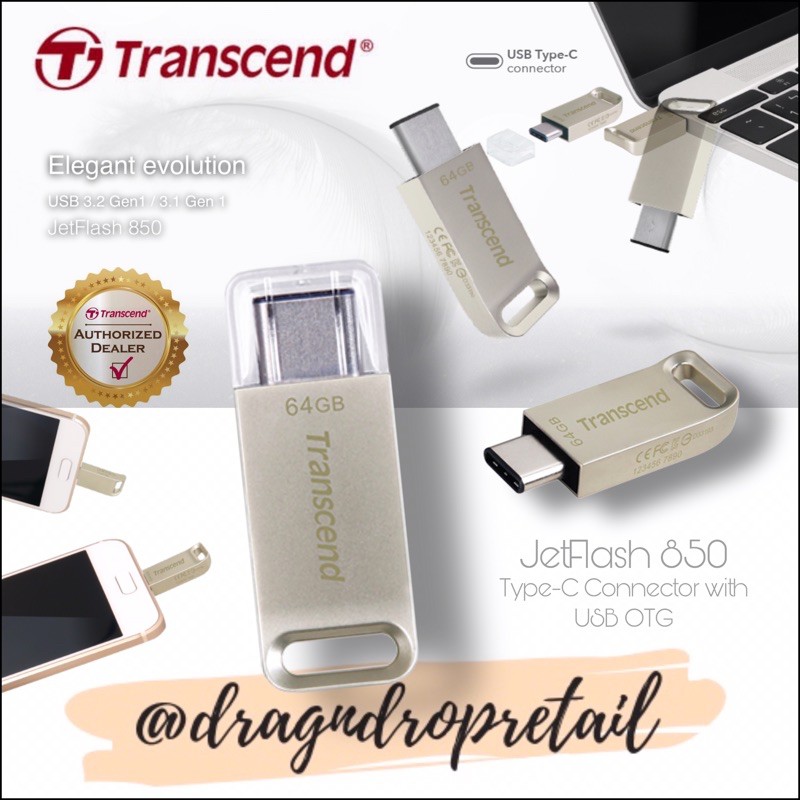 Transcend 32GB 64GB JetFlash 850 USB 3.1 Gen 1 OTG Type-C Flash Drive ...
