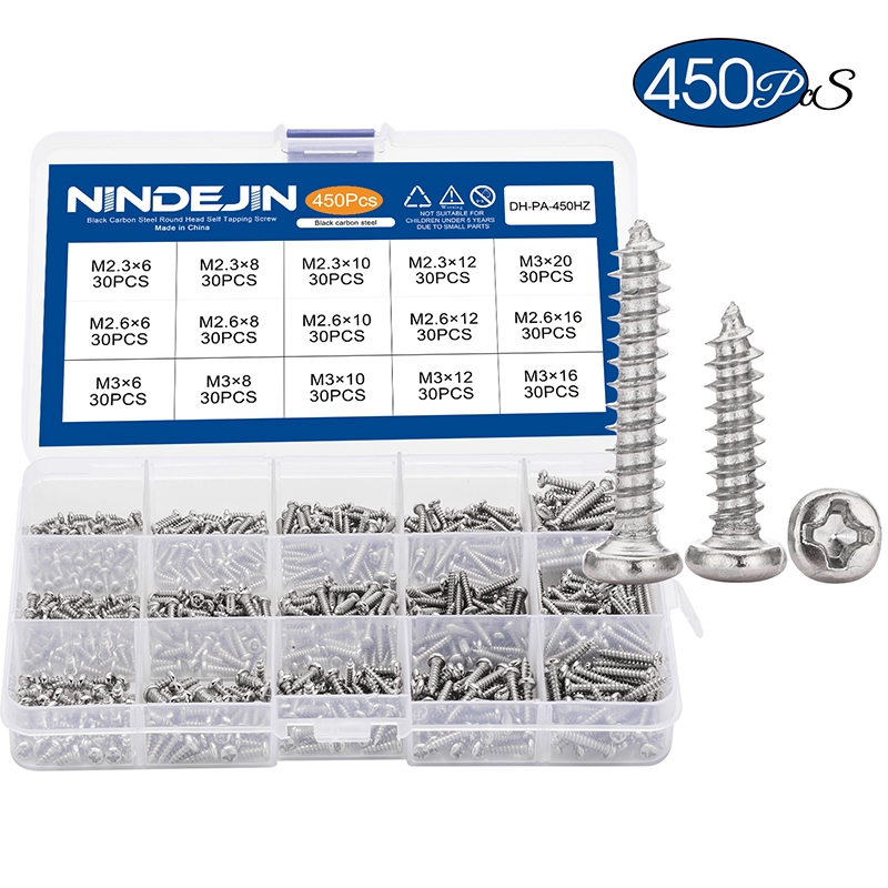 NINDEJIN Ni-Plated Cross Recessed Round Pan Head Tapping Screw Set M2.3 M2.6 M3 Carbon Steel ...