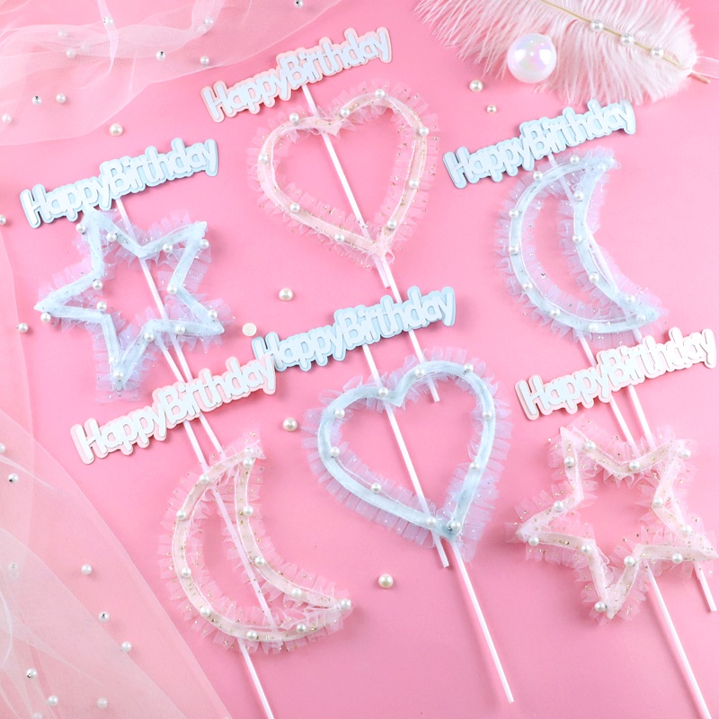 2 pcs/set Star Moon Heart Shape Happy Birthday Cake Topper Beautiful ...
