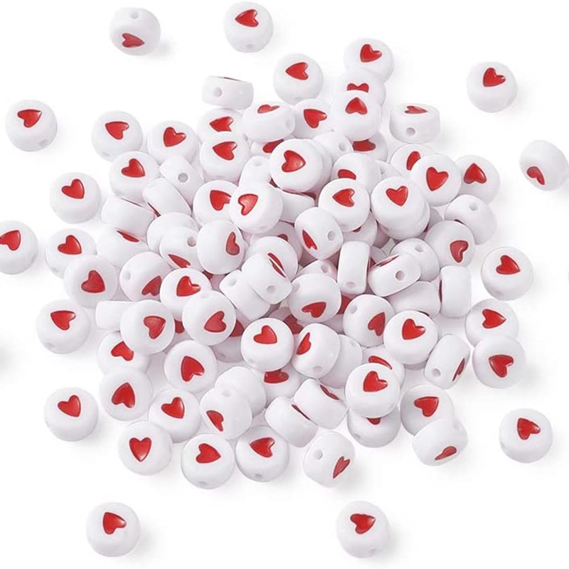 100pcs Love Red Heart Beads Flat Round Plastic Spacer Loose Beads for ...