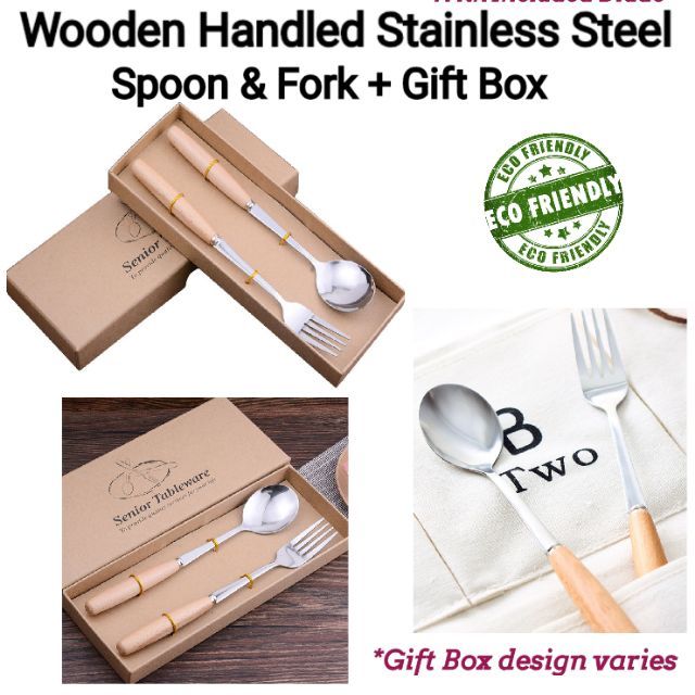 Wooden Handled Stainless Steel Spoon & Fork + Gift Box. APL | Shopee ...