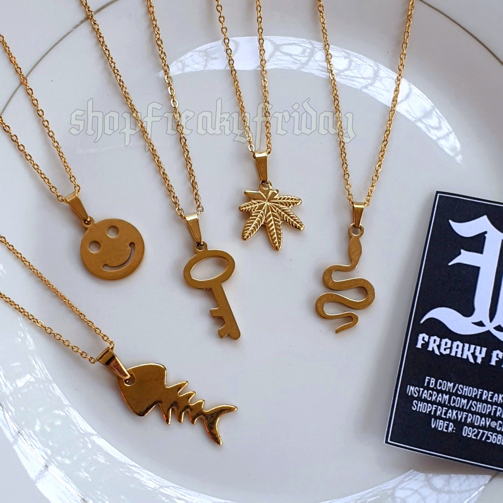 STAINLESS Gold MJ Leaf Snake Key Fishbone Smiley Chain Necklace Hippie ...