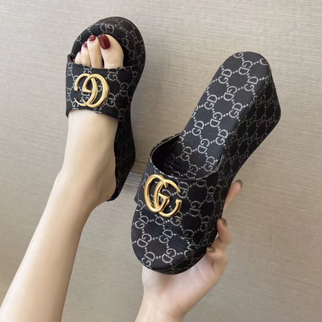 High-quality outer wear high-heeled thick-soled one-word slippers women ...