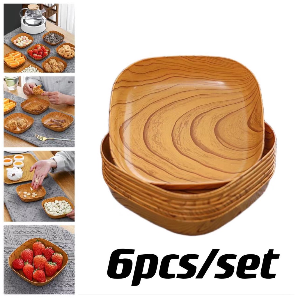 6pcs/set Kitchen Wood Grain Plastic Square Plate Dried Fruit Fruit Cake ...