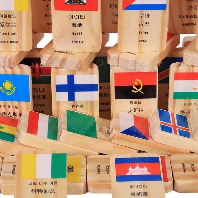 Kids Multilingual National Flag Domino Wooden Toy Building Blocks Early ...