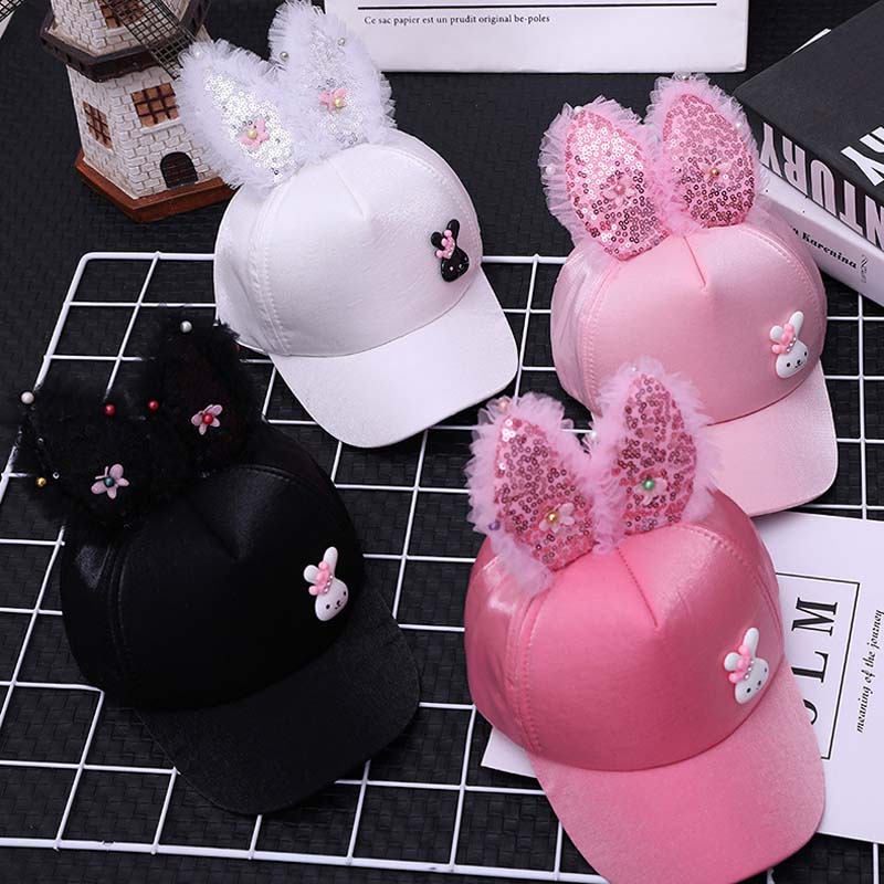 BOBORA Sequined Ears Children's Baseball Cap Girls Cartoon Rabbit Hat ...