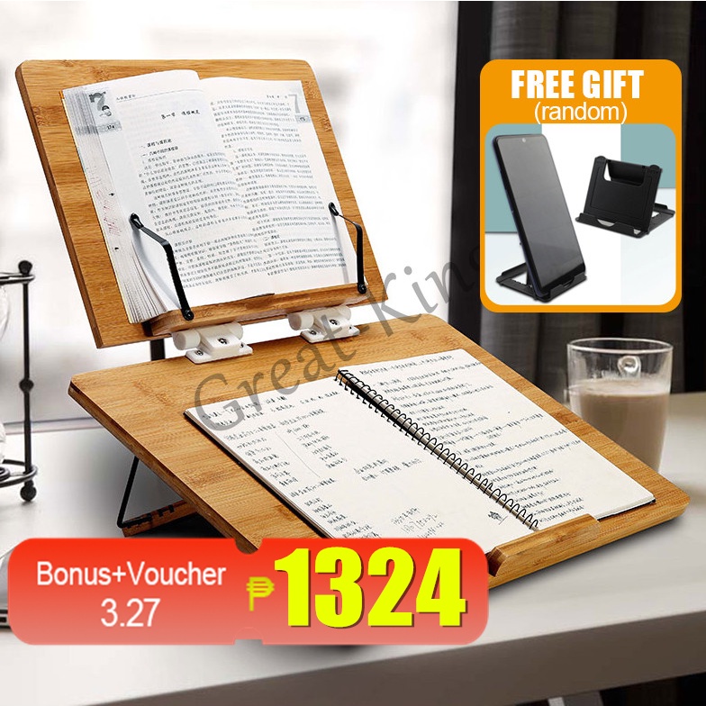 Great-King Bamboo Book Stand Adjustable Book Holder Tray +Writing board ...