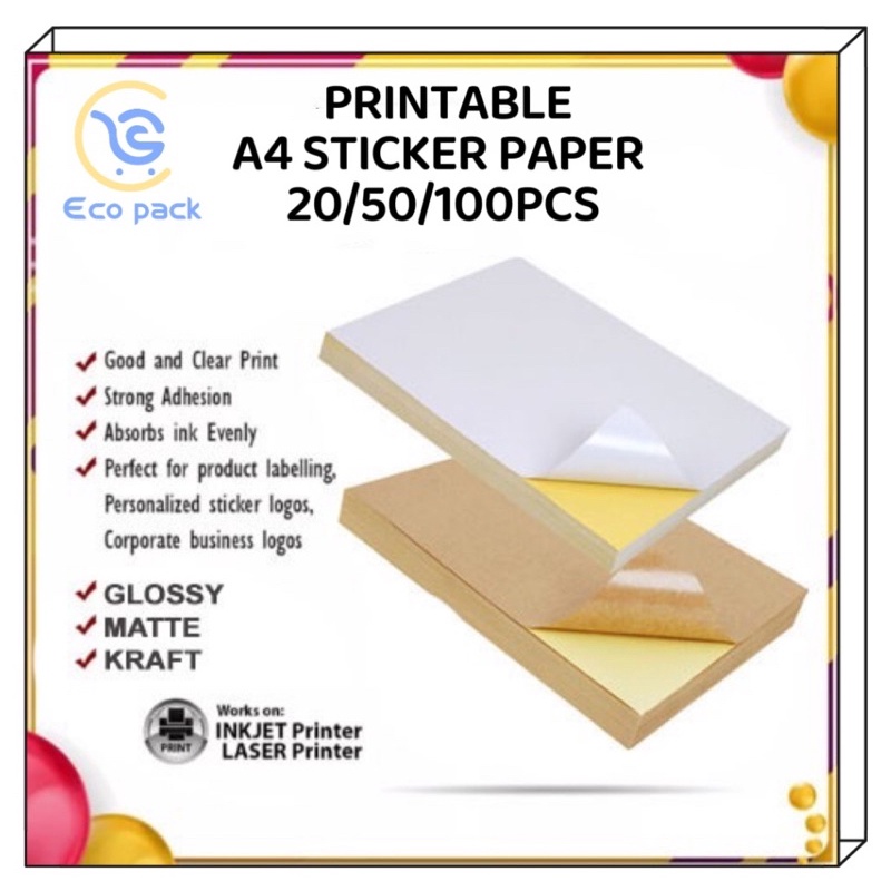 Printable Sticker Paper Glossy Matte kraft Inkjet A4 Size | Shopee ...