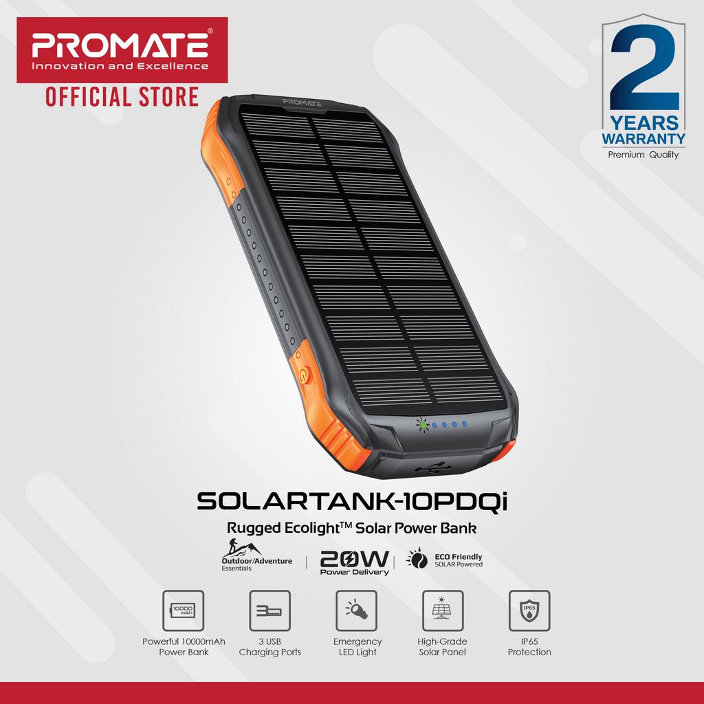 Promate SolarTank-10PDQi 10000mAh Rugged EcoLight™ Solar Power Bank ...