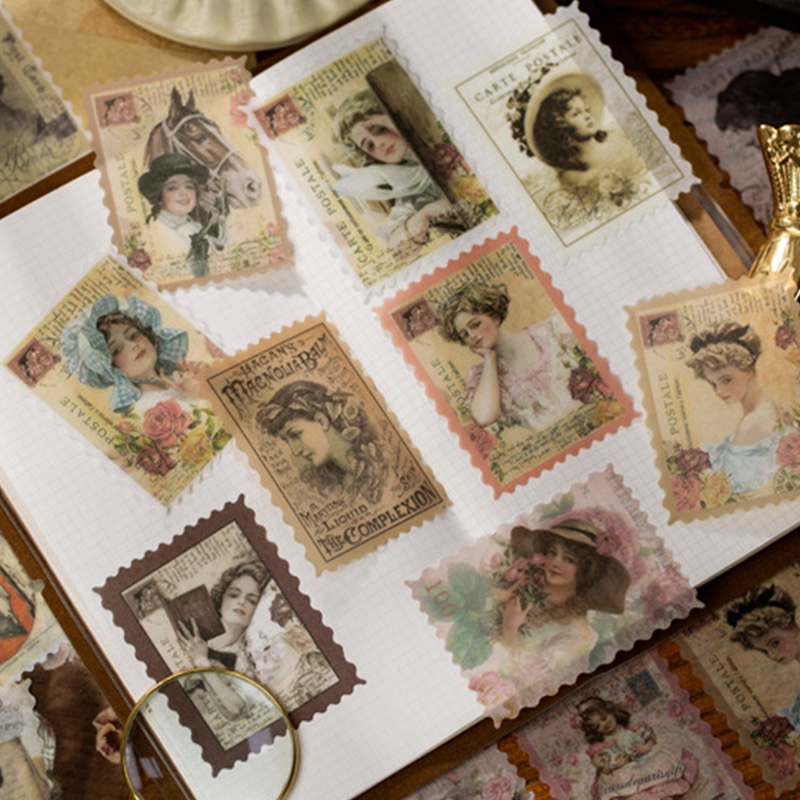 60 Pcs Classical Stamp Stickers Pack Student Retro Washi Stamp Style ...