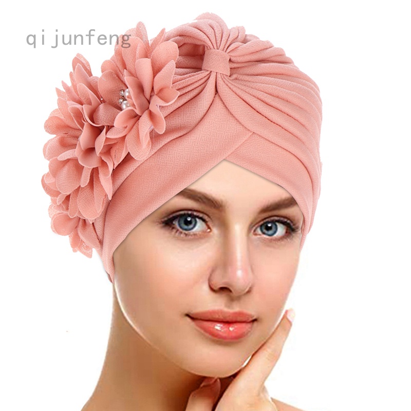 Fashion Women Diamonds Flower Turban Cap Soild Color Muslim Headscarf ...