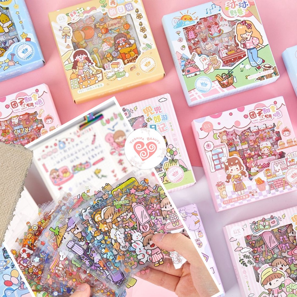 Cute Korean 50 Sheet Aesthetic Box Stickers | Pet PVC Sticker for Deco ...