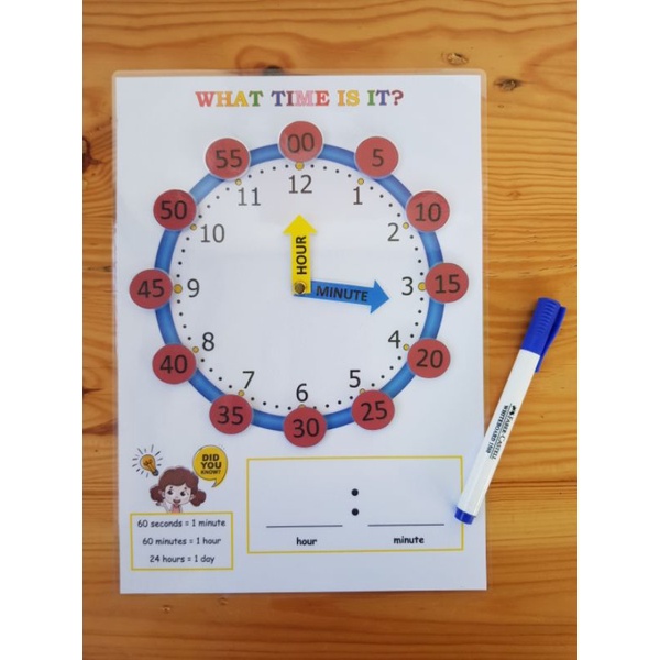 CLOCK LAMINATED LEARNING MATERIALS WITH VELCRO (MARKER NOT INCLUDED ...