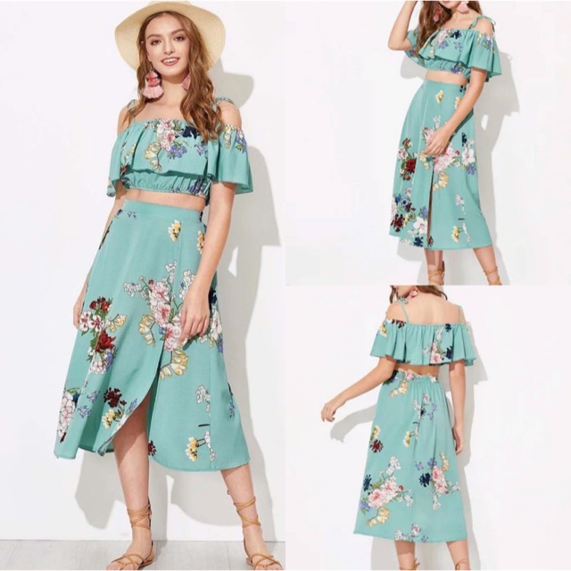 New summer floral terno (crop too & skirt with slit ) | Shopee Philippines