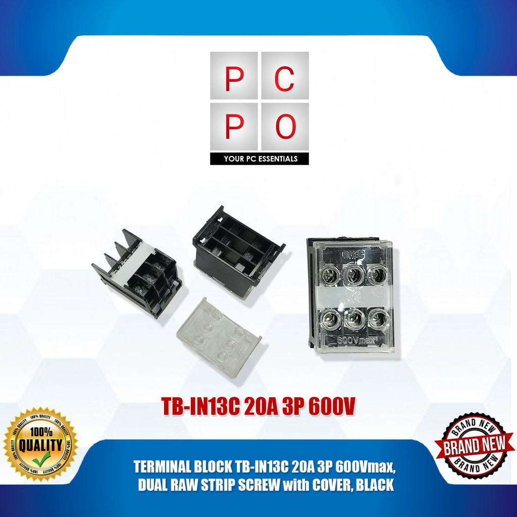 TERMINAL BLOCK TB-IN13C 20A 3P 600Vmax, DUAL RAW STRIP SCREW with COVER ...