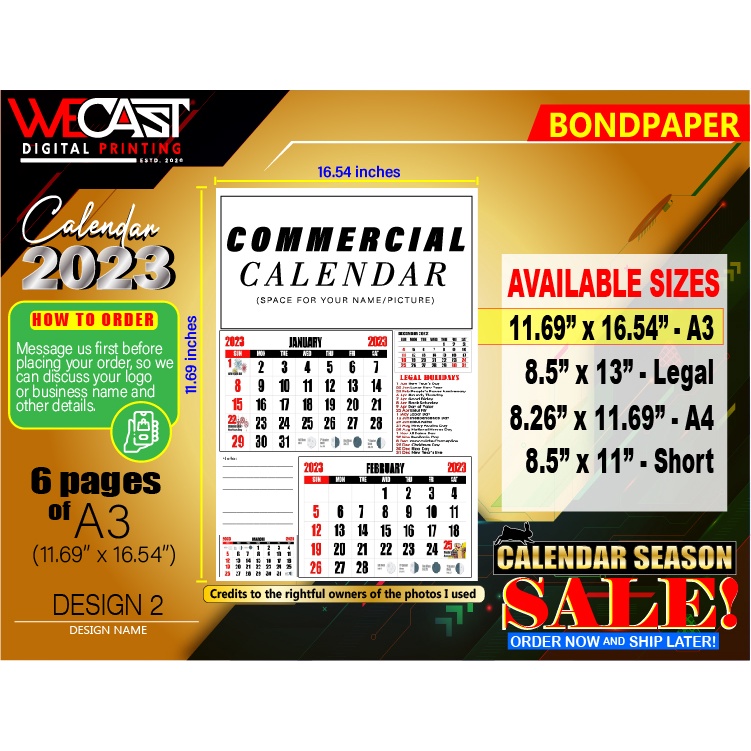 10pcs 2023 CUSTOMIZED COMMERCIAL CALENDAR with METAL CLIP A3, A4 ...