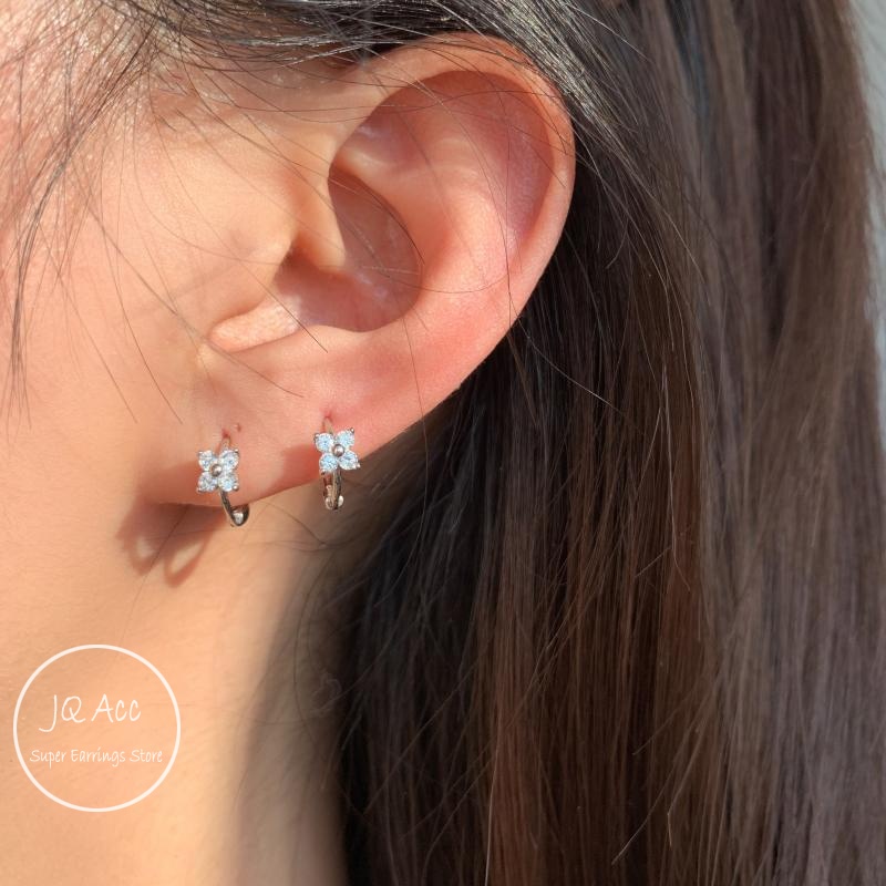 14k Clover Hoop Earings for Women Hikaw Hypoallergenic Silver Earrings ...