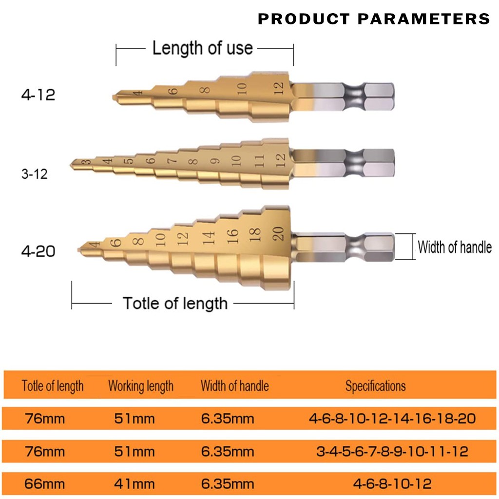 3 pcs Drill Bit HSS High Speed Steel Titanium Hex Shank Step Drill Set ...