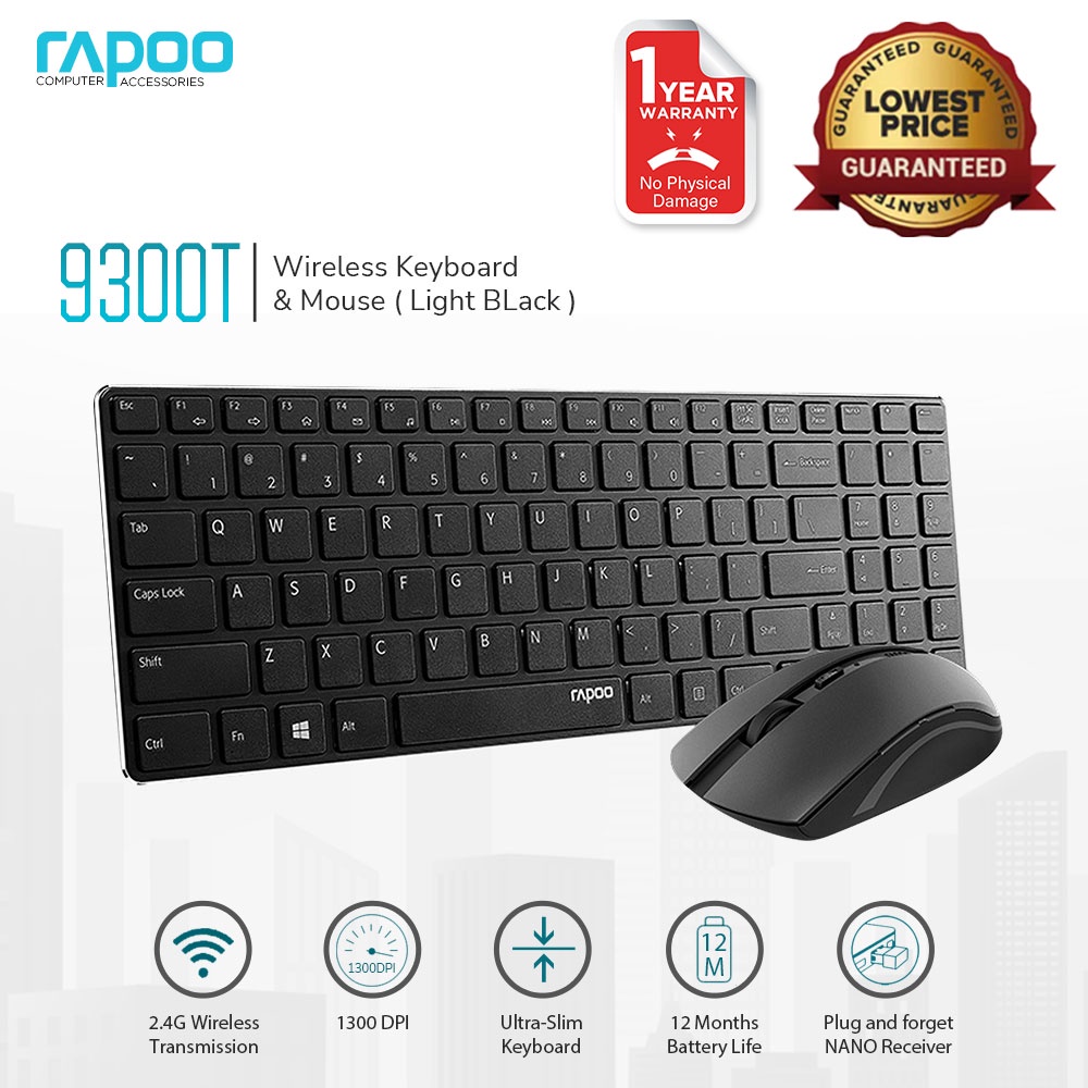 Rapoo 9300T/9300M Ultra-Slim Wireless Keyboard and Mouse Set Bluetooth ...