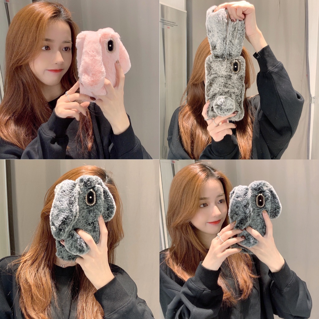 3D Rabbit Ears Fur Plush Case For Vivo Y15A Y15S 2021 Y33S Y33T 4G V21 V21E 4G 5G Soft Cover ...