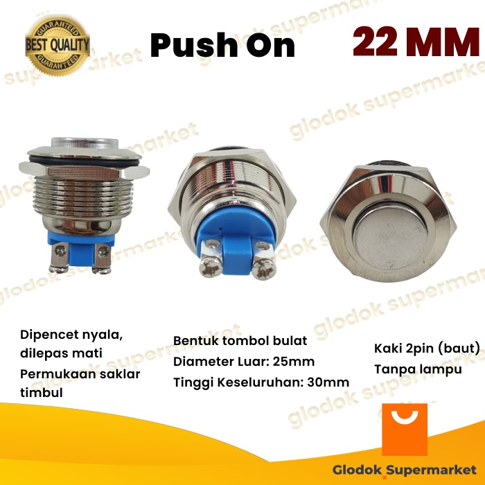 TOMBOL 22mm Metal Switch Push On 2 Pin Stainless Button 22 mm Momentary ...