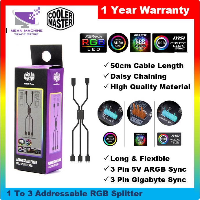 Cooler Master Addressable RGB Splitter Cable for 3pin 5V Mobo Sync (MSI ...