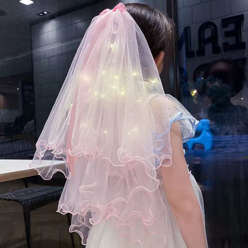 Double-layer LED Lighting Veil Crown Bowknot Pearl Lighted Birthday ...