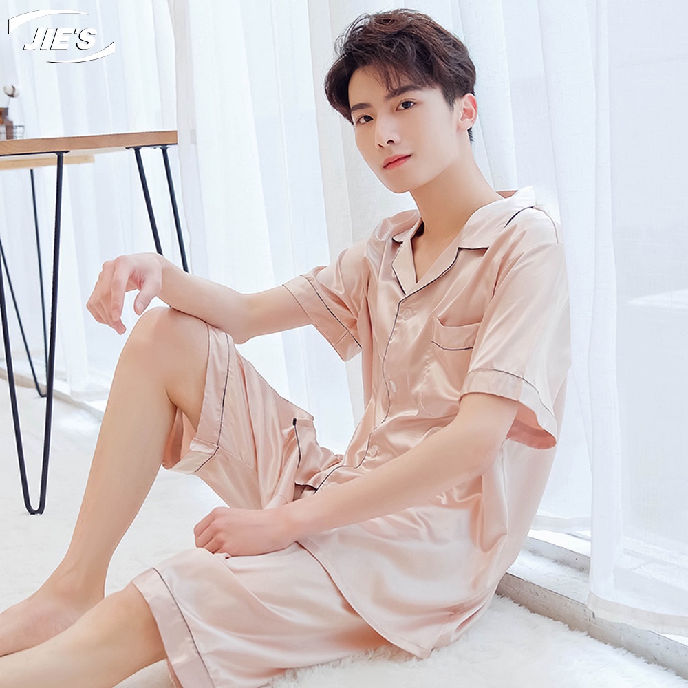 [Spot]Couple unisex silk plain short sleeve terno pajama set plus size ...