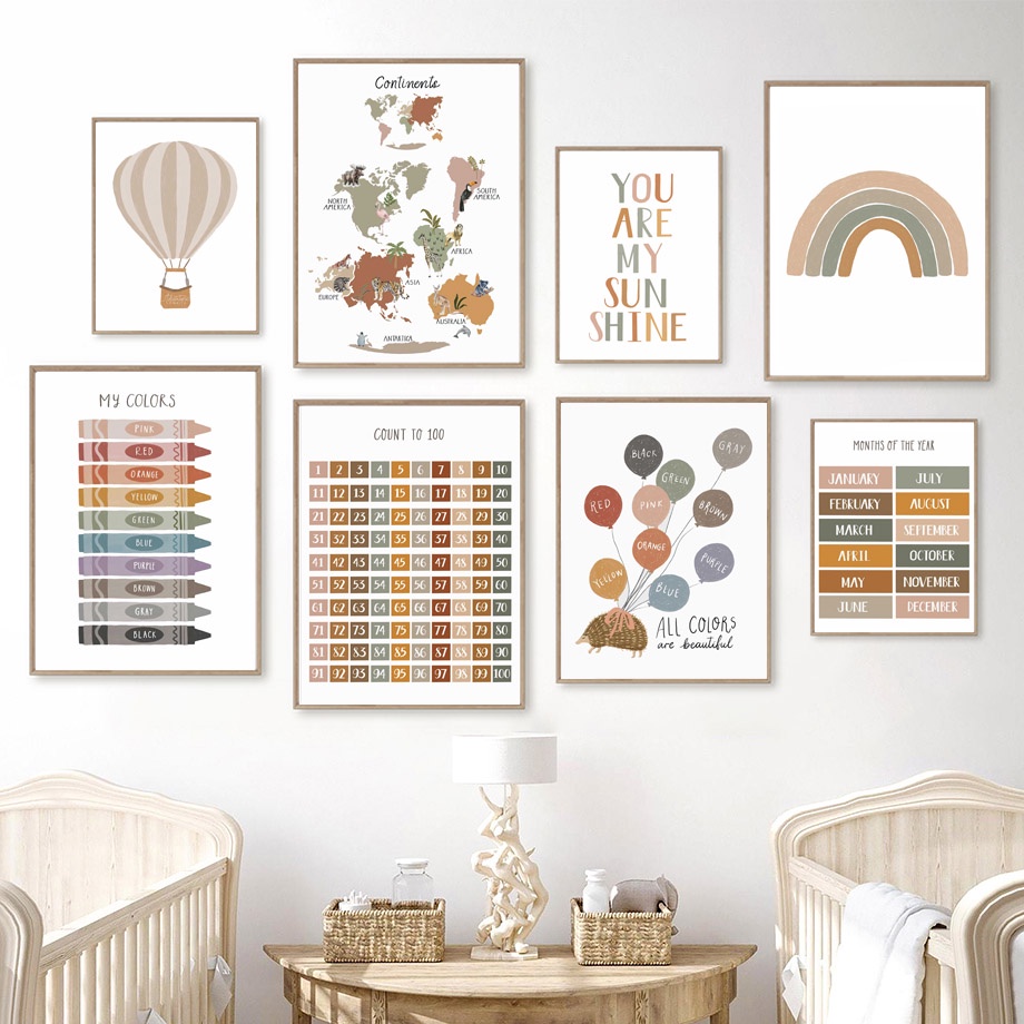 Boho Sun Rainbow Colors Continents Month Art Prints Canvas Painting ...