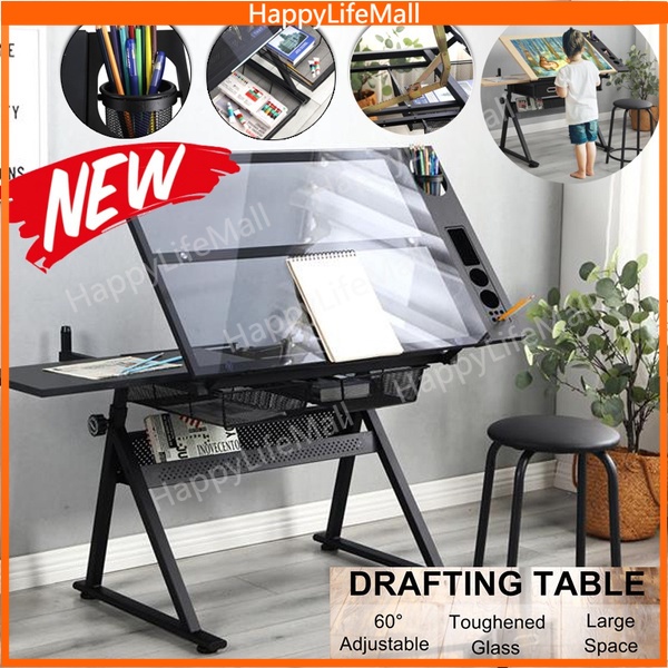 Drafting glass table adjustable height tilting with drawers stool pen ...