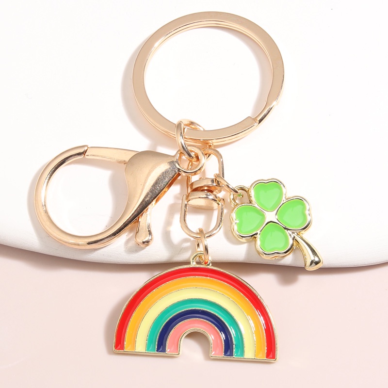 Cute Enamel Keychain Rainbow Four Leaf Clover Key Ring Lucky Key Chains ...